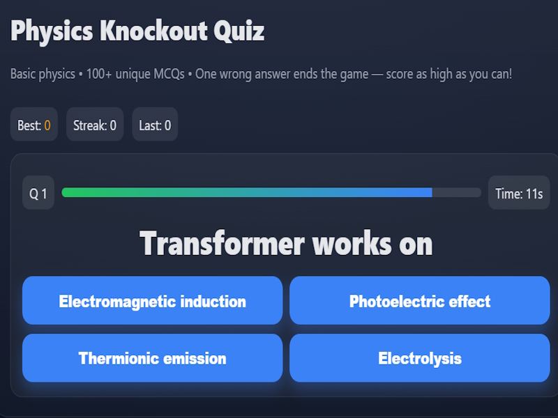 Physics knowledge quiz 🕹️ Play online on SGameS